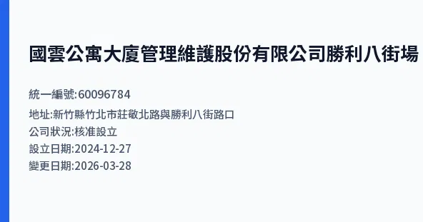 國雲公寓大廈管理維護股份有限公司勝利八街場的照片-統編 60096784(新竹縣) 公司登記資料與營業項目詳細圖表