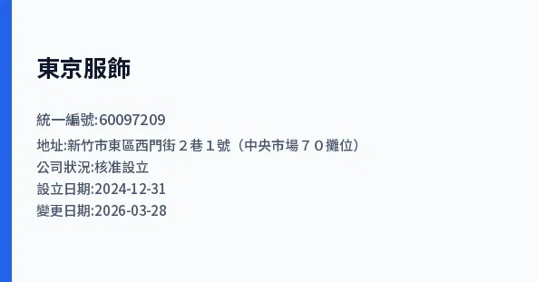 東京服飾的照片-統編 60097209(新竹市) 公司登記資料與營業項目詳細圖表