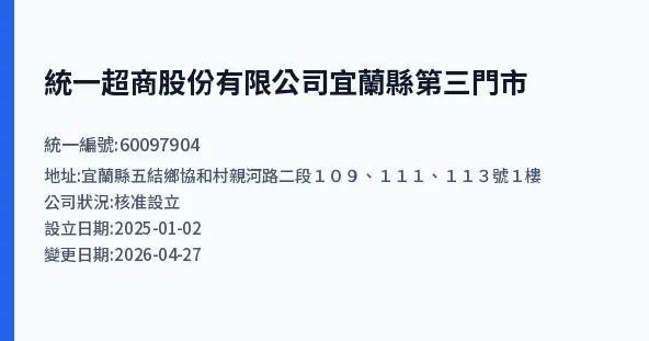 統一超商股份有限公司宜蘭縣第三門市的照片-統編 60097904(宜蘭縣) 公司登記資料與營業項目詳細圖表