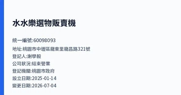 水水樂選物販賣機的照片-統編 60098093(桃園市) 公司登記資料與營業項目詳細圖表