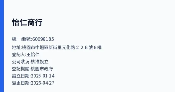 怡仁商行的照片-統編 60098185(桃園市) 公司登記資料與營業項目詳細圖表