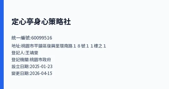 定心亭身心策略社的照片-統編 60099516(桃園市) 公司登記資料與營業項目詳細圖表