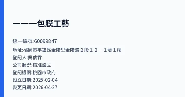 一一一包膜工藝的照片-統編 60099847(桃園市) 公司登記資料與營業項目詳細圖表