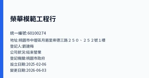 榮華模範工程行的照片-統編 60100274(桃園市) 公司登記資料與營業項目詳細圖表