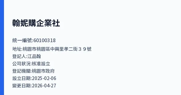 翰妮購企業社的照片-統編 60100318(桃園市) 公司登記資料與營業項目詳細圖表