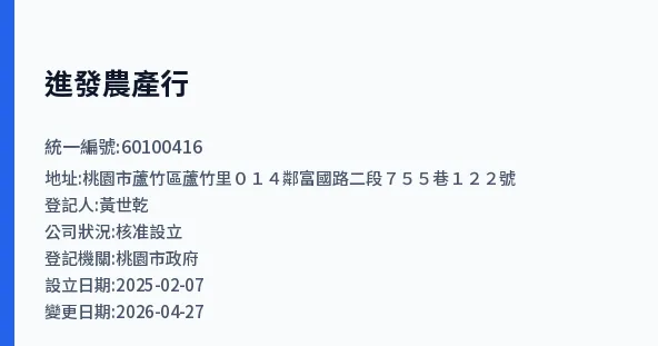 進發農產行的照片-統編 60100416(桃園市) 公司登記資料與營業項目詳細圖表