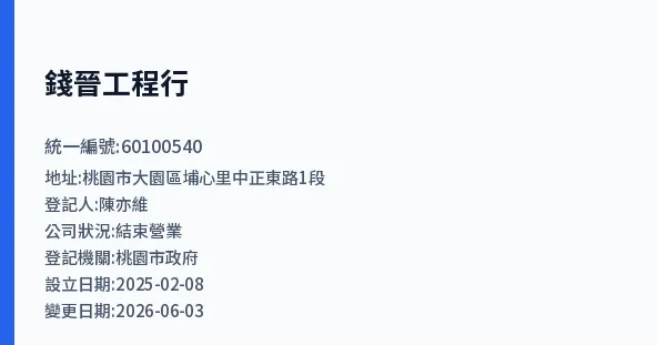 錢晉工程行的照片-統編 60100540(桃園市) 公司登記資料與營業項目詳細圖表