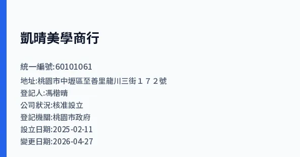 凱晴美學商行的照片-統編 60101061(桃園市) 公司登記資料與營業項目詳細圖表