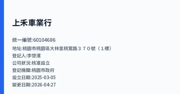 上禾車業行的照片-統編 60104686(桃園市) 公司登記資料與營業項目詳細圖表