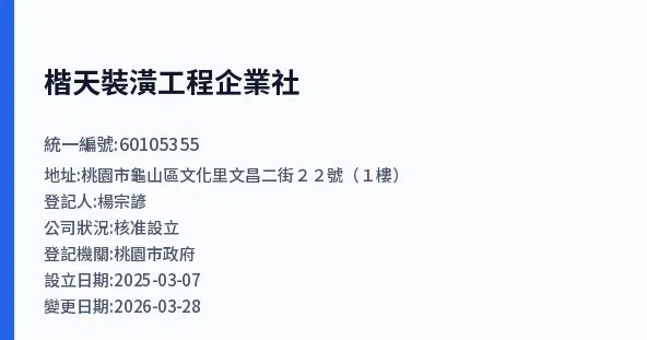 楷天裝潢工程企業社的照片-統編 60105355(桃園市) 公司登記資料與營業項目詳細圖表