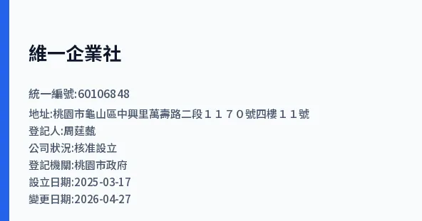 維一企業社的照片-統編 60106848(桃園市) 公司登記資料與營業項目詳細圖表