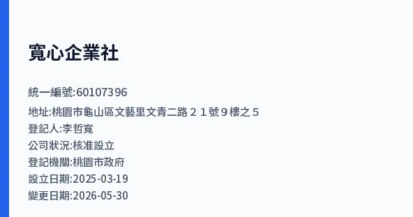 寬心企業社的照片-統編 60107396(桃園市) 公司登記資料與營業項目詳細圖表