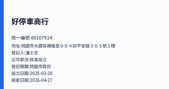 好停車商行的照片-統編 60107924(桃園市) 公司登記資料與營業項目詳細圖表