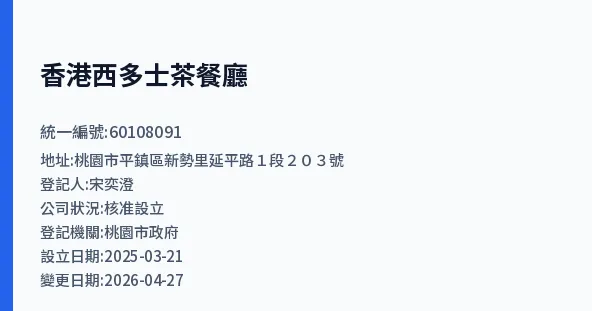 香港西多士茶餐廳的照片-統編 60108091(桃園市) 公司登記資料與營業項目詳細圖表