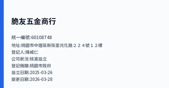 脆友五金商行的照片-統編 60108748(桃園市) 公司登記資料與營業項目詳細圖表