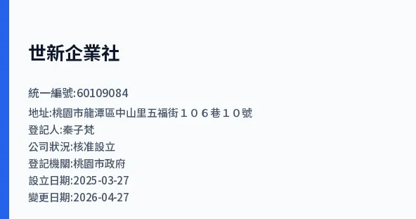 世新企業社的照片-統編 60109084(桃園市) 公司登記資料與營業項目詳細圖表