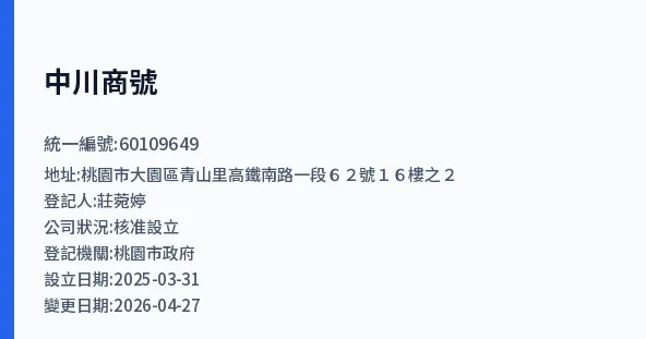 中川商號的照片-統編 60109649(桃園市) 公司登記資料與營業項目詳細圖表