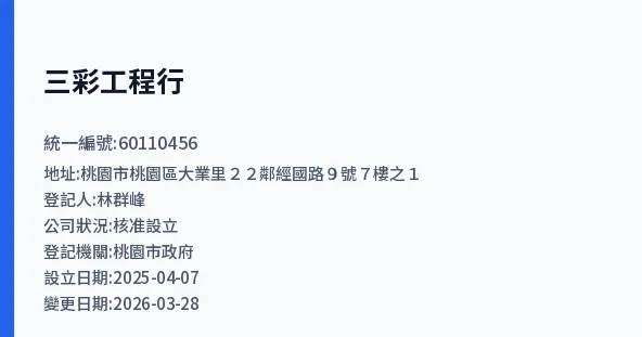 三彩工程行的照片-統編 60110456(桃園市) 公司登記資料與營業項目詳細圖表