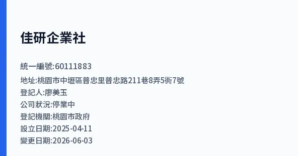 佳研企業社的照片-統編 60111883(桃園市) 公司登記資料與營業項目詳細圖表
