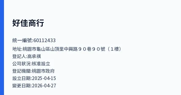 好佳商行的照片-統編 60112433(桃園市) 公司登記資料與營業項目詳細圖表