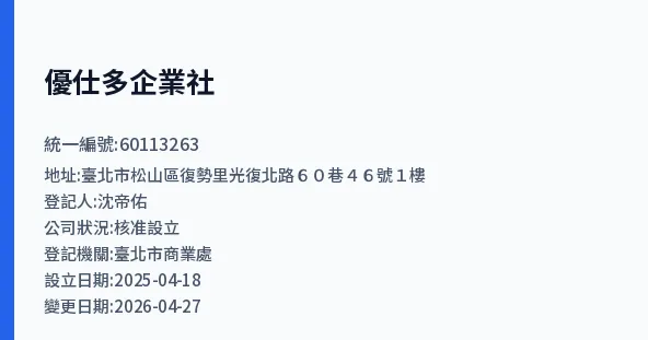 優仕多企業社的照片-統編 60113263(臺北市) 公司登記資料與營業項目詳細圖表