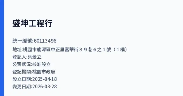 盛坤工程行的照片-統編 60113496(桃園市) 公司登記資料與營業項目詳細圖表