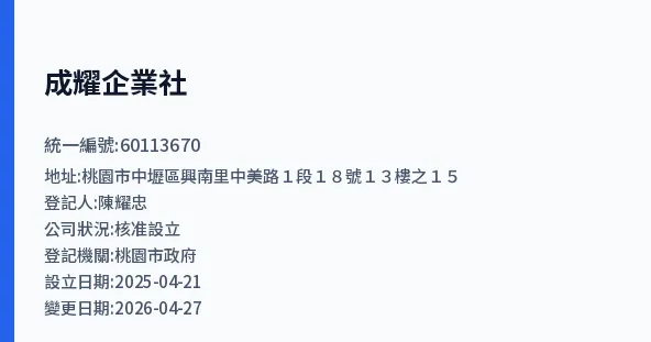 成耀企業社的照片-統編 60113670(桃園市) 公司登記資料與營業項目詳細圖表