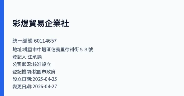 彩煜貿易企業社的照片-統編 60114657(桃園市) 公司登記資料與營業項目詳細圖表