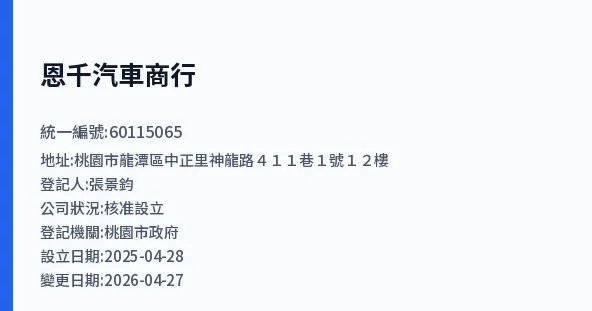 恩千汽車商行的照片-統編 60115065(桃園市) 公司登記資料與營業項目詳細圖表