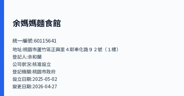 余媽媽麵食館的照片-統編 60115641(桃園市) 公司登記資料與營業項目詳細圖表