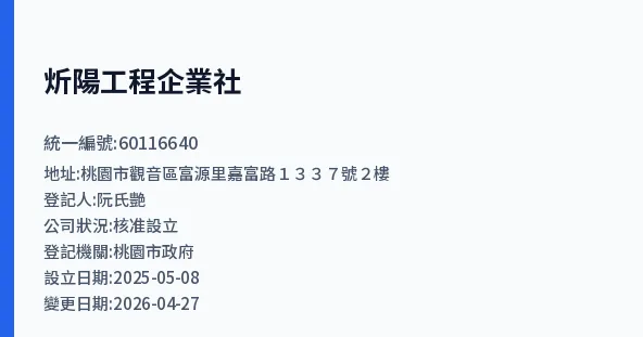 炘陽工程企業社的照片-統編 60116640(桃園市) 公司登記資料與營業項目詳細圖表
