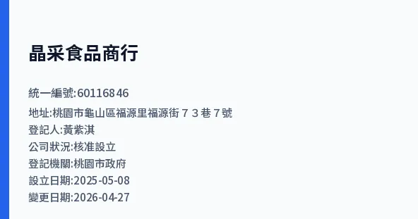 晶采食品商行的照片-統編 60116846(桃園市) 公司登記資料與營業項目詳細圖表