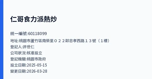 仁哥食力派熱炒的照片-統編 60118099(桃園市) 公司登記資料與營業項目詳細圖表