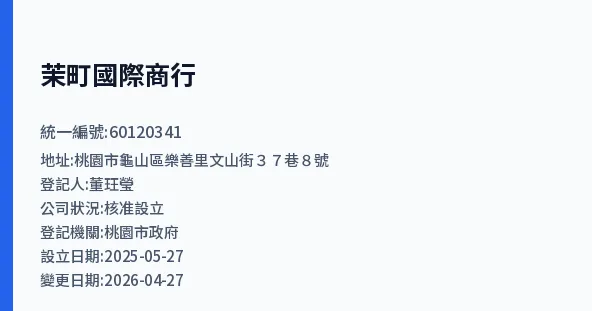 茉町國際商行的照片-統編 60120341(桃園市) 公司登記資料與營業項目詳細圖表