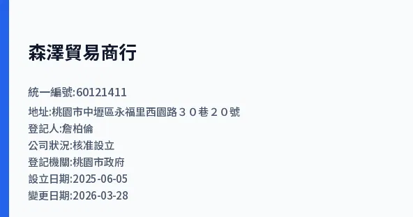 森澤貿易商行的照片-統編 60121411(桃園市) 公司登記資料與營業項目詳細圖表