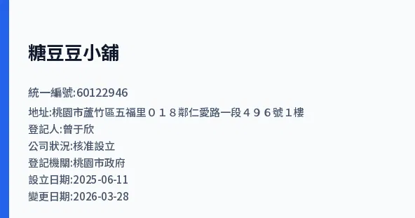 糖豆豆小舖的照片-統編 60122946(桃園市) 公司登記資料與營業項目詳細圖表