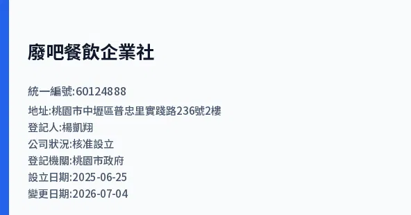 廢吧餐飲企業社的照片-統編 60124888(桃園市) 公司登記資料與營業項目詳細圖表