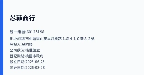 芯菲商行的照片-統編 60125198(桃園市) 公司登記資料與營業項目詳細圖表