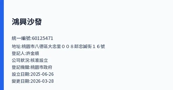 鴻興沙發的照片-統編 60125471(桃園市) 公司登記資料與營業項目詳細圖表