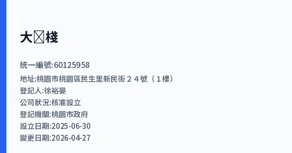 大亰棧的照片-統編 60125958(桃園市) 公司登記資料與營業項目詳細圖表