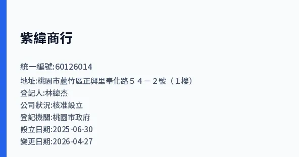 紫緯商行的照片-統編 60126014(桃園市) 公司登記資料與營業項目詳細圖表