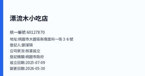 漂流木小吃店的照片-統編 60127870(桃園市) 公司登記資料與營業項目詳細圖表