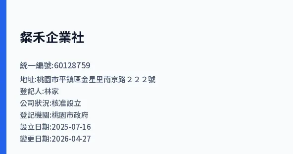 粲禾企業社的照片-統編 60128759(桃園市) 公司登記資料與營業項目詳細圖表