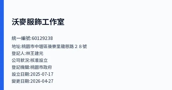 沃麥服飾工作室的照片-統編 60129238(桃園市) 公司登記資料與營業項目詳細圖表