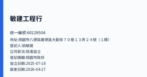 敏建工程行的照片-統編 60129504(桃園市) 公司登記資料與營業項目詳細圖表