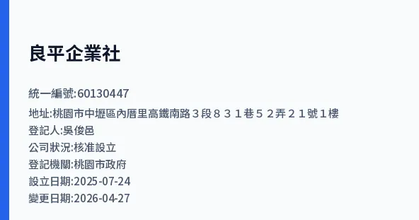 良平企業社的照片-統編 60130447(桃園市) 公司登記資料與營業項目詳細圖表