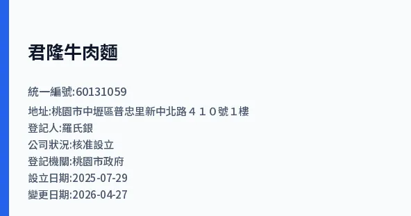 君隆牛肉麵的照片-統編 60131059(桃園市) 公司登記資料與營業項目詳細圖表