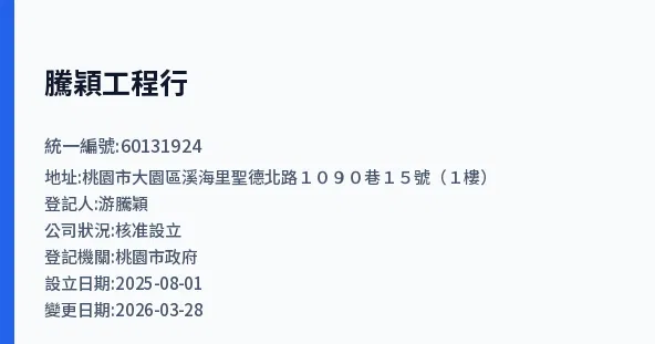 騰穎工程行的照片-統編 60131924(桃園市) 公司登記資料與營業項目詳細圖表
