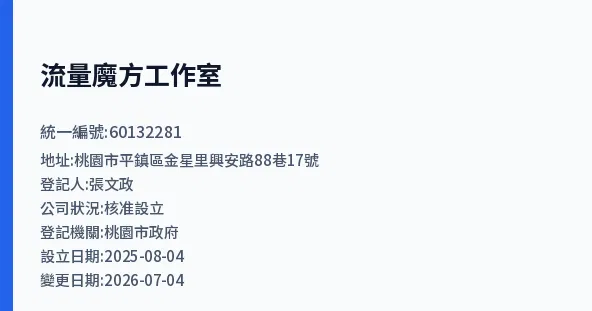流量魔方工作室的照片-統編 60132281(桃園市) 公司登記資料與營業項目詳細圖表