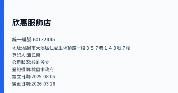 欣惠服飾店的照片-統編 60132445(桃園市) 公司登記資料與營業項目詳細圖表